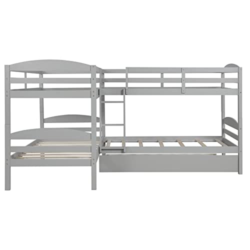 Quad Bunk Bed with Trundle L-Shape Bunk Bed Twin Over Twin Corner Bunk Bed for 4 or 5 Kids Boys Girls Teens, Gray