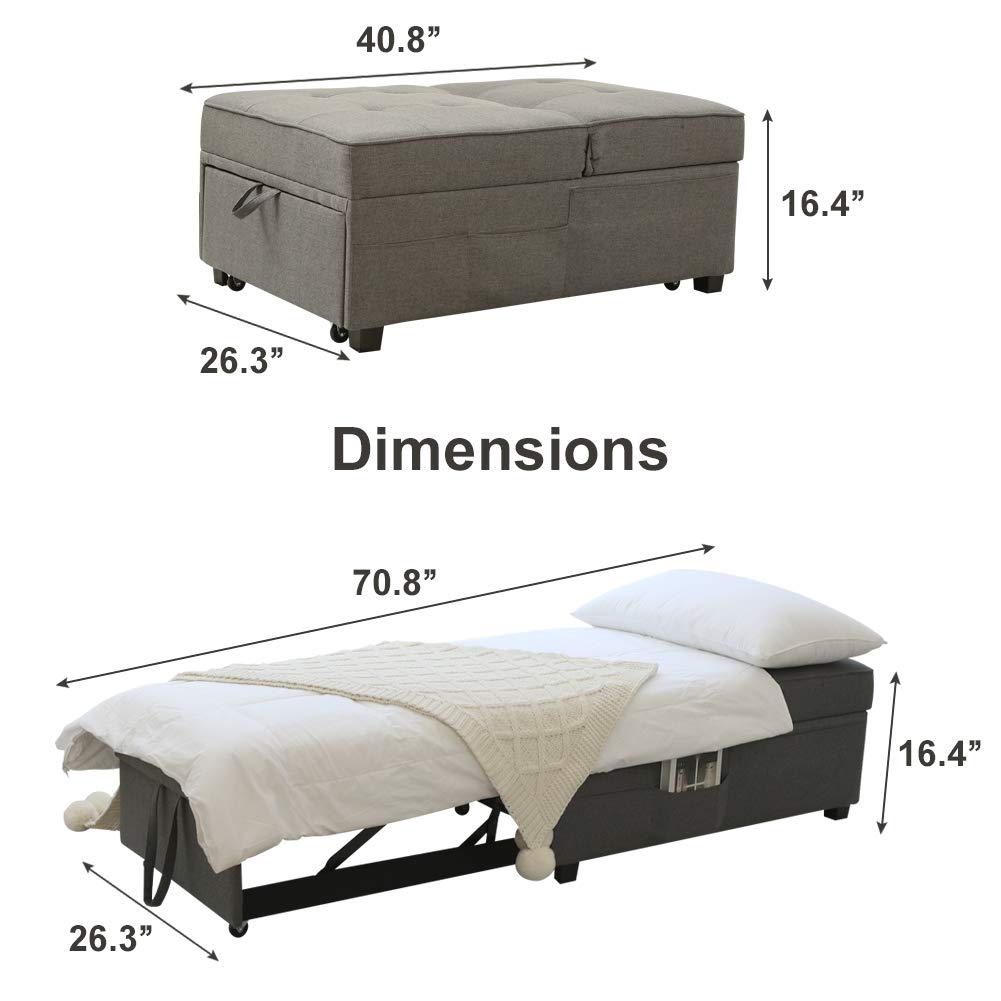Cynefin Futon Chair with Lumbar Pillow and 3 Side Pockets, Convertible Chair Sleeper Bed, sofa chair, 4 in 1 Ottoman Bed Tufted Fabric Gray (blue, M)