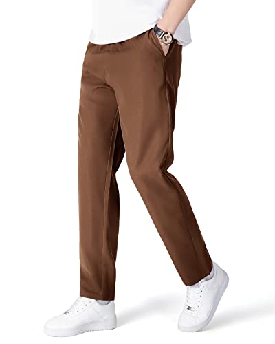 Mens Classic Fit Chinos Pants Flat Front Straight Leg Casual Pant Comfort Stretch Solid Trousers Brown