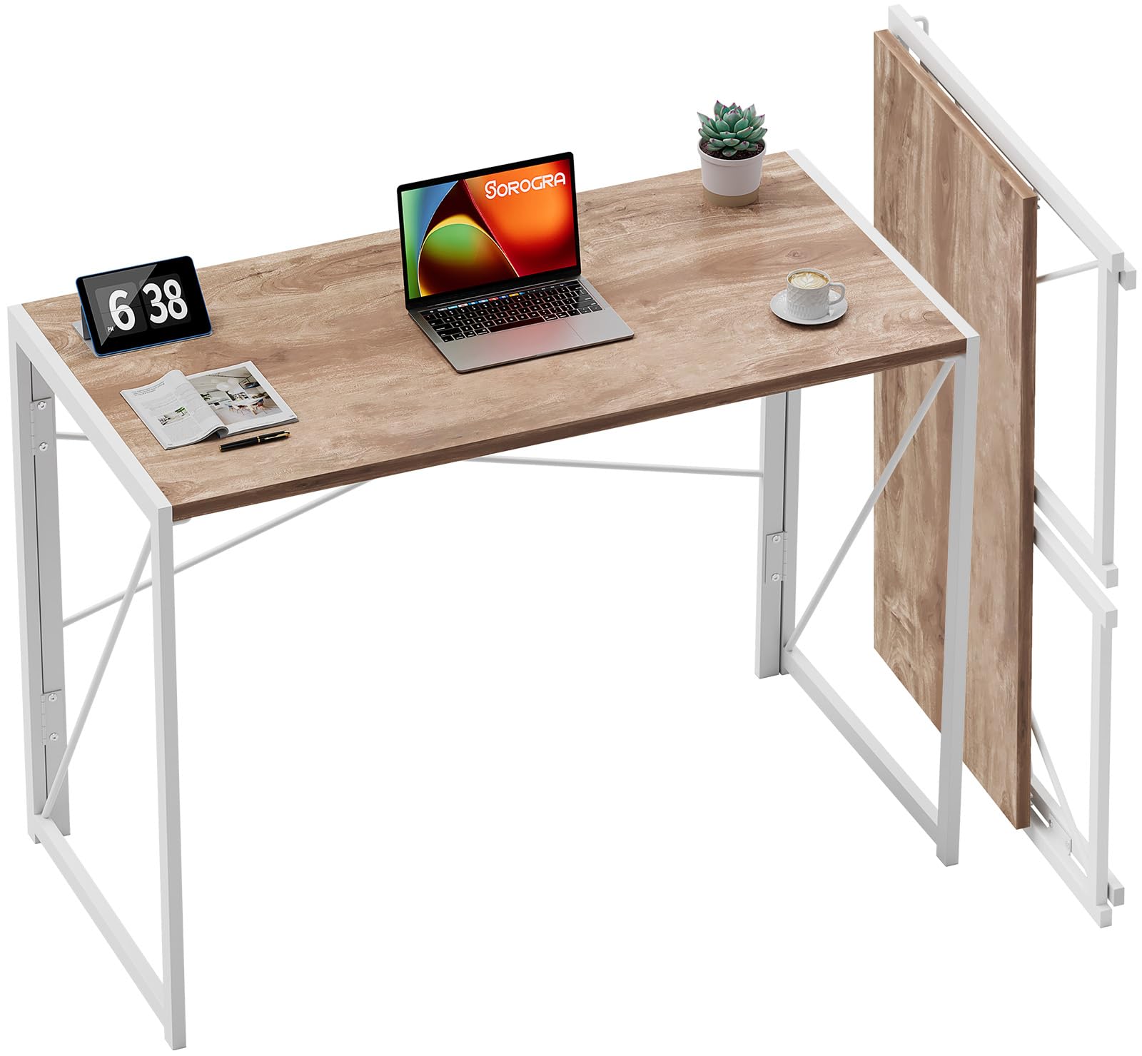 Coavas 39.4 inch Folding Desk No Assembly Required, Writing Computer Desk Space Saving Foldable Table Simple Home Office Desk, Oak