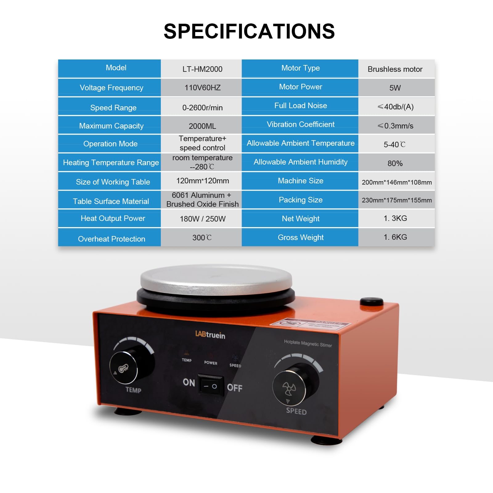 LABTRUEIN Magnetic Stirrer Hot Plate Lab Magnetic Stir Plate Max 536°F Hot Plate with Magnetic Stirrer Include Stir Bar 2000ML | 2600rpm