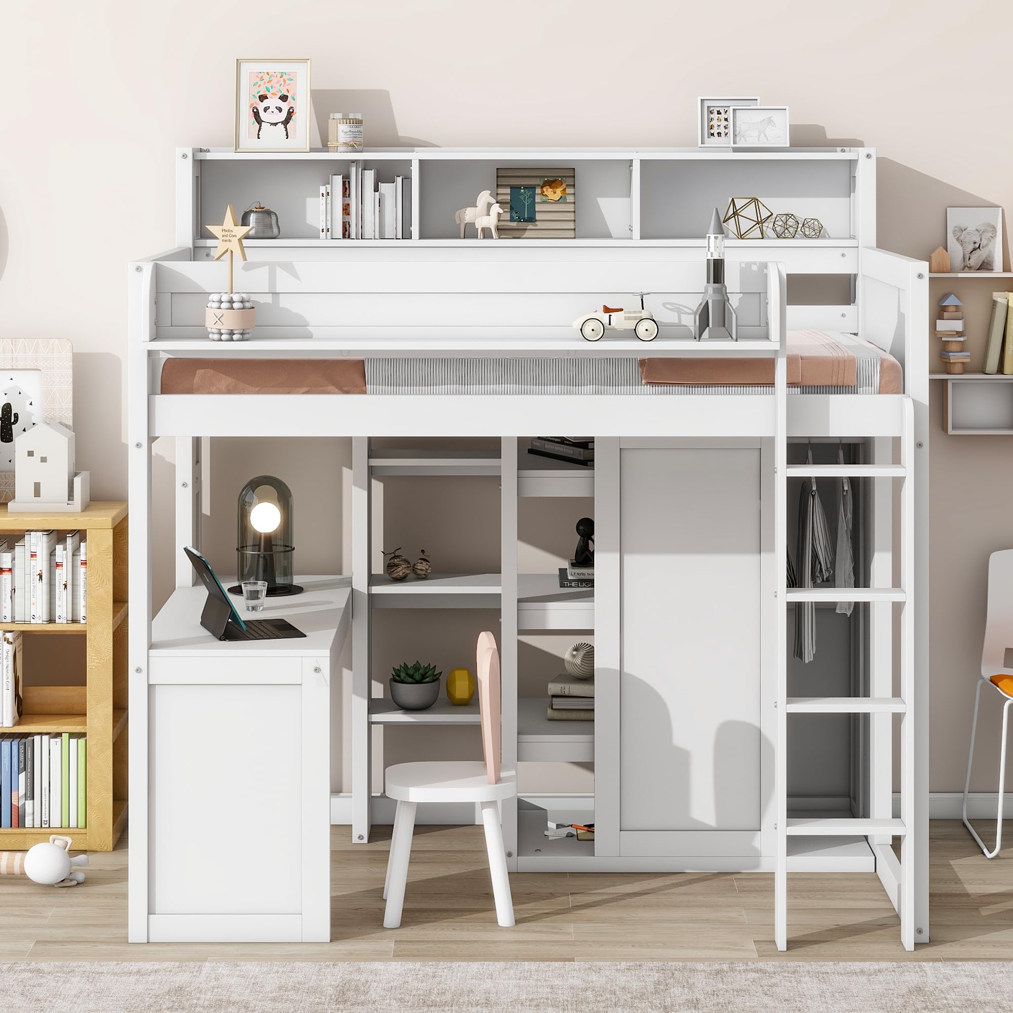LostCat Twin Size Loft Bed with Wardrobe, Desk and Storage, Solid Wood Loft Bed Frame with Bookshelf, for Kids, Teens and Adults, No Box Spring Needed, White