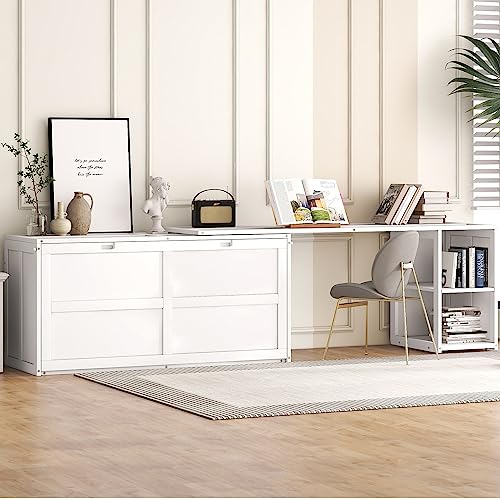 Queen Size Murphy Bed with Rotable Desk and Storage Shelves, Murphy Cube Queen Cabinet Bed, Queen Murphy Wall Bed, Wooden Foldable Floor Bed Frame for Bedroom Living Room Furniture,White