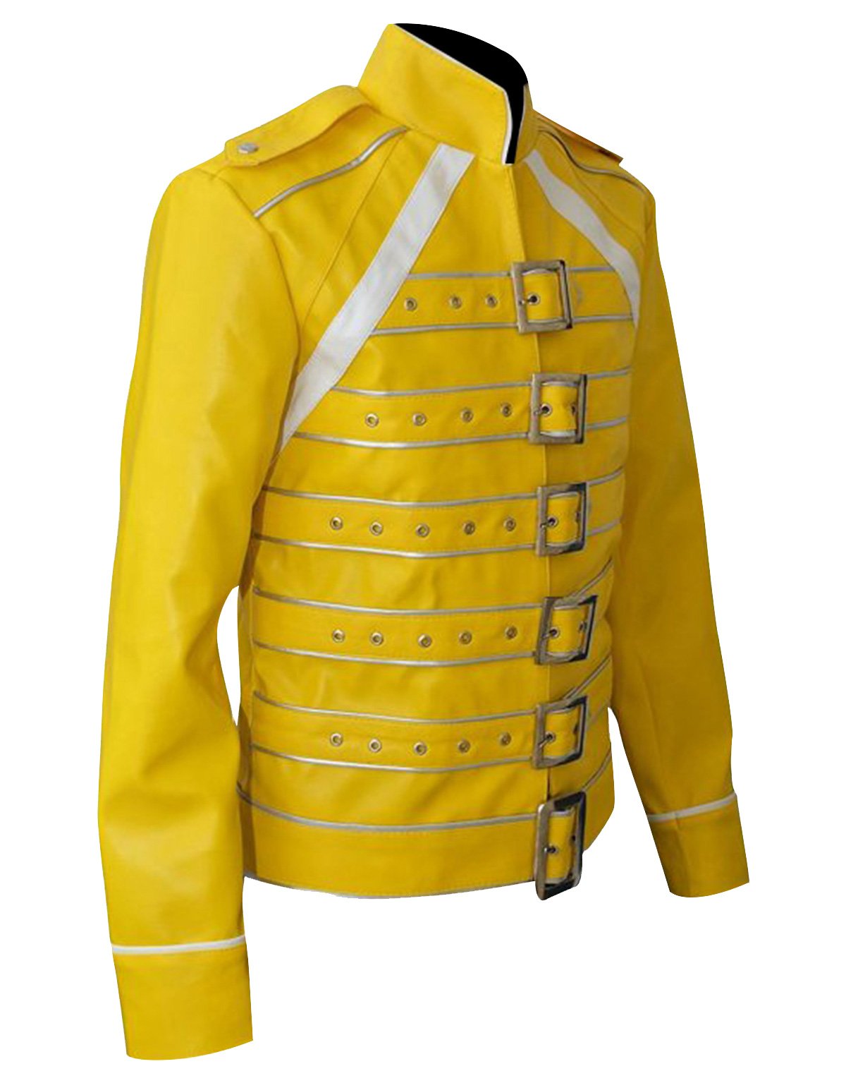 CHICAGO-FASHIONS Mens Freddie Concert Belted Motorcycle Yellow Faux Leather Mercury Costume, Freddie Mercury Jacket, Medium