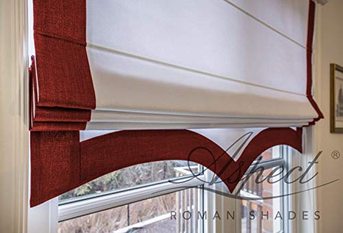 LOGANOVA Flat Roman Shade Chevalle Brick. White base, luxuriant red border on three sides, scalloped bottom and chain mechanism. Custom made.