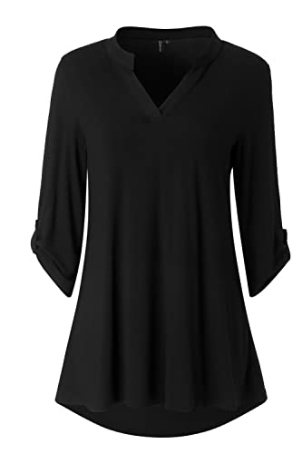 Zattcas Womens Floral Printed Tunic Shirts 3/4 Roll Sleeve Notch Neck Tunic Top,Solid Black,XX-Large