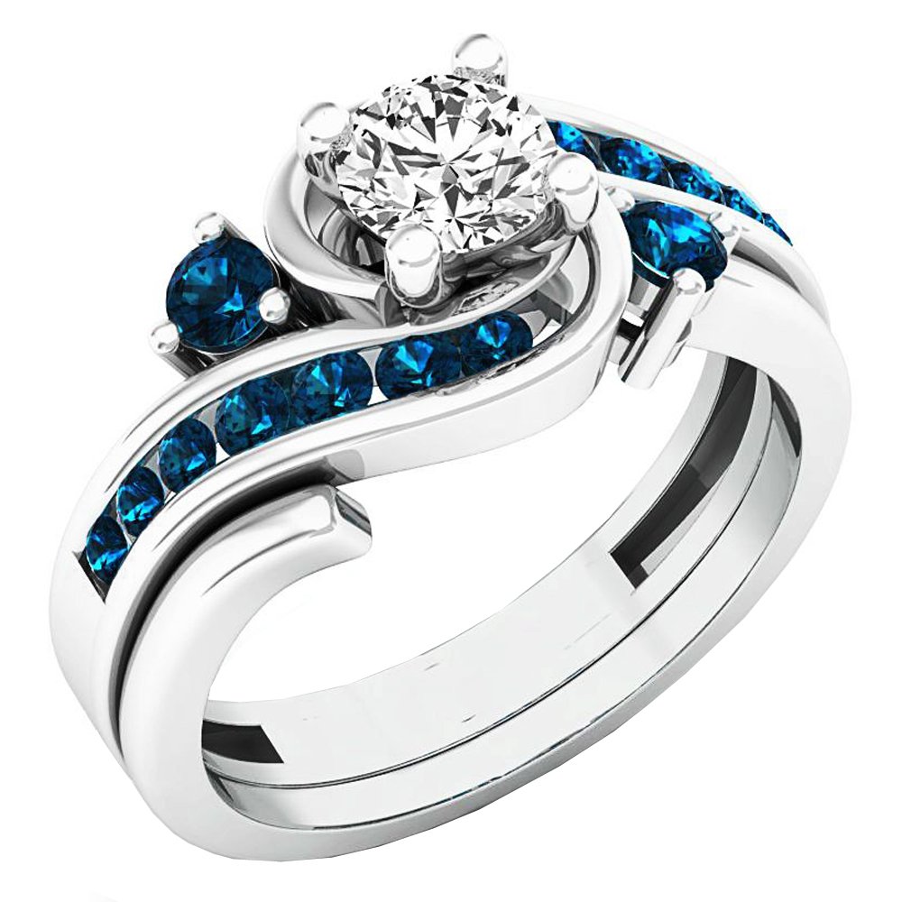 Dazzlingrock Collection 0.95 Carat (ctw) 14K Round Blue And White Diamond Engagement Ring Set 1 CT, White Gold, Size 7.5