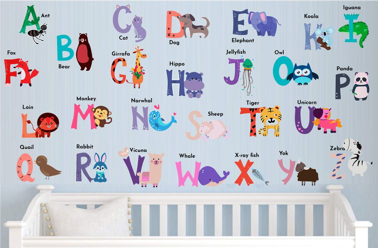 DEKOSH Animal Alphabet Wall Decals for Baby Nursery | Peel & Stick ABC Stickers for Toddlers