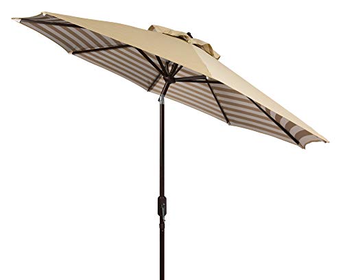 Safavieh PAT8007D Collection Athens Brown and White Inside Out Striped 9Ft Crank Outdoor Auto Tilt Umbrella