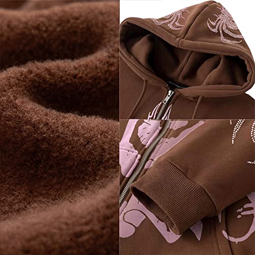 PLAYPUNK Women Rhinestone Oversized Zip Up Hoodie Y2k Skeleton Spider Skull Print Vintage Hoodies 90s Pullover Grunge Jacket Brown