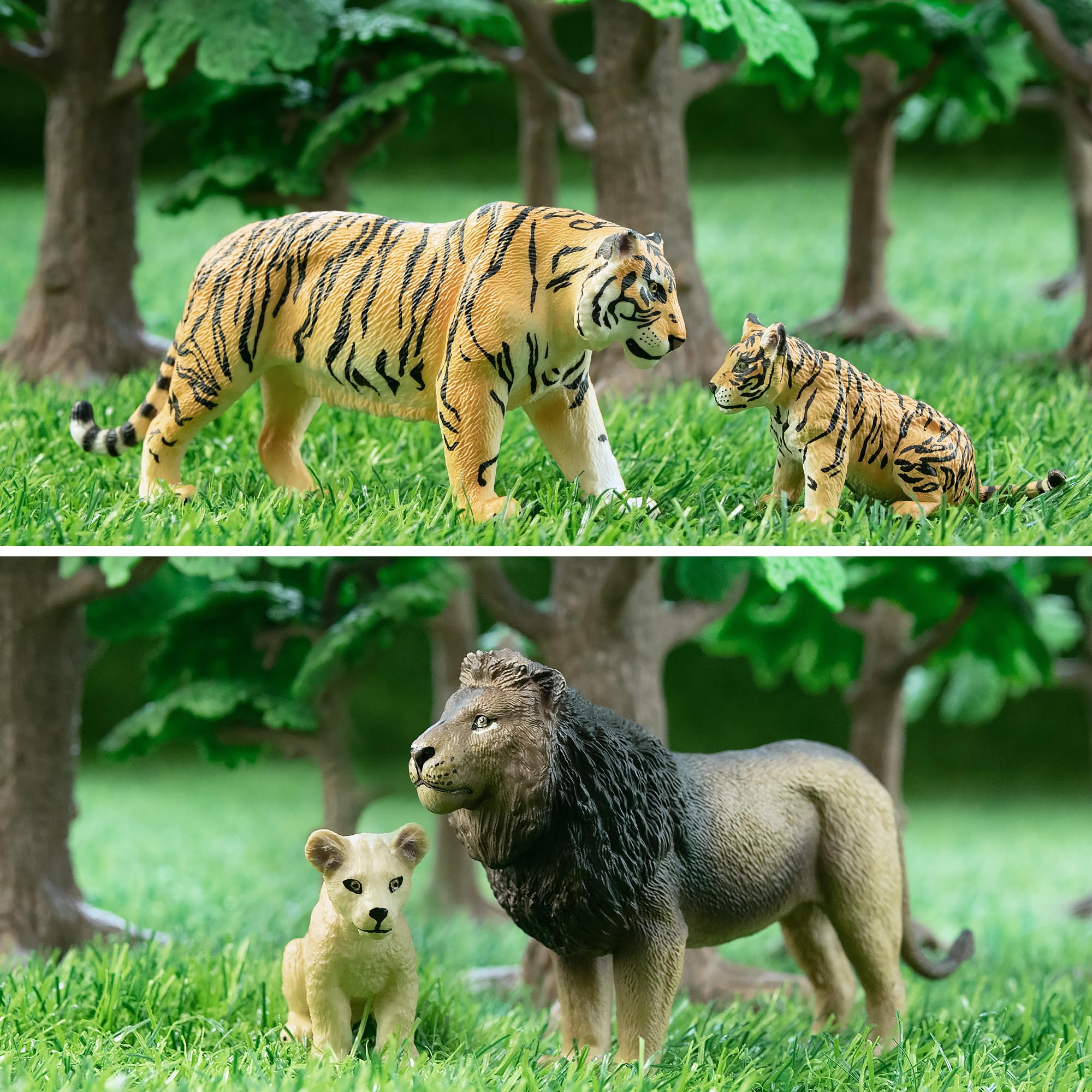 Toymany 8PCS 2-5" Plastic Jungle Animals Figures Playset Includes Baby Animals, Realistic Lion, Tiger, Cheetah, Leopard Figurines with Cubs, Cake Toppers Christmas Birthday Toy Gift for Kids Toddlers