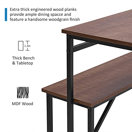 Panana 3 Piece Dining Room Table Set 43 Inch Kitchen Table with Two Benches Breakfast Table Top with Sew Kerf Finish Metal Frame Dining Room Home Rustic Brown