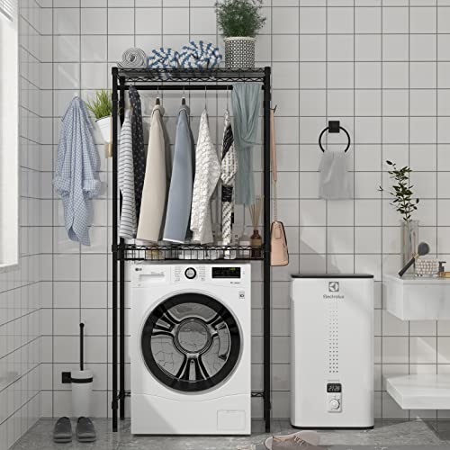 Xiofio Over The Washer and Dryer Storage Shelf 2 Tier Adjustable Height Wire Basket and Side Hook Laundry Shelves Used for Bathroom Bedroom Balcony Drying Rack Towel Rack Handbag Rack ,Black