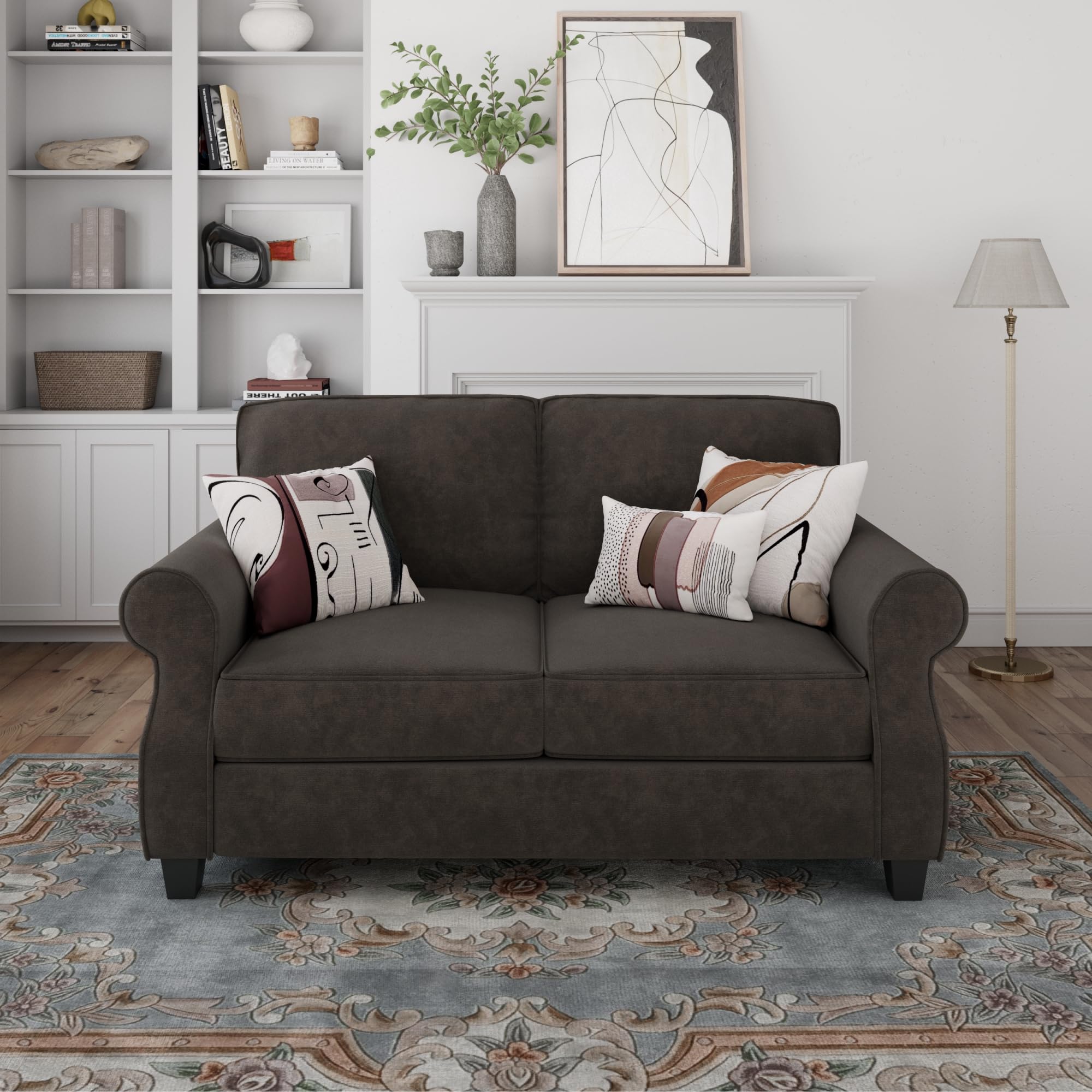Loveseat Sofa - 56" Small Couch Mid Century Modern Flannel Love Sofas Small Space Saving Upholstered 2 Seater Love Seat Couches for Living Room Bedroom Home Office Apartment and Small Space,Brown