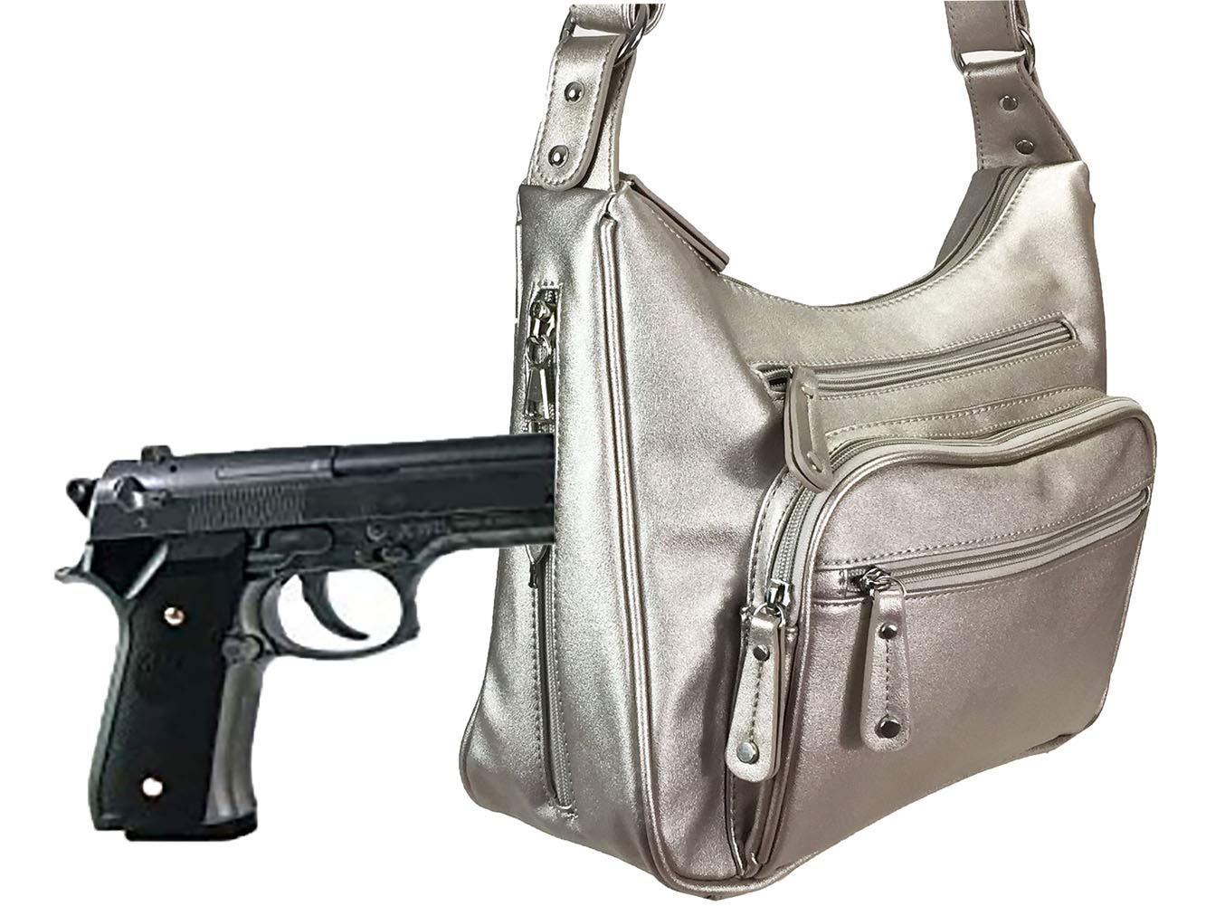 Zzfab Fashion Locking Concealed Carry Big Hobo Bag CCW Cross Body Bag with Credit Card Slots Pewter