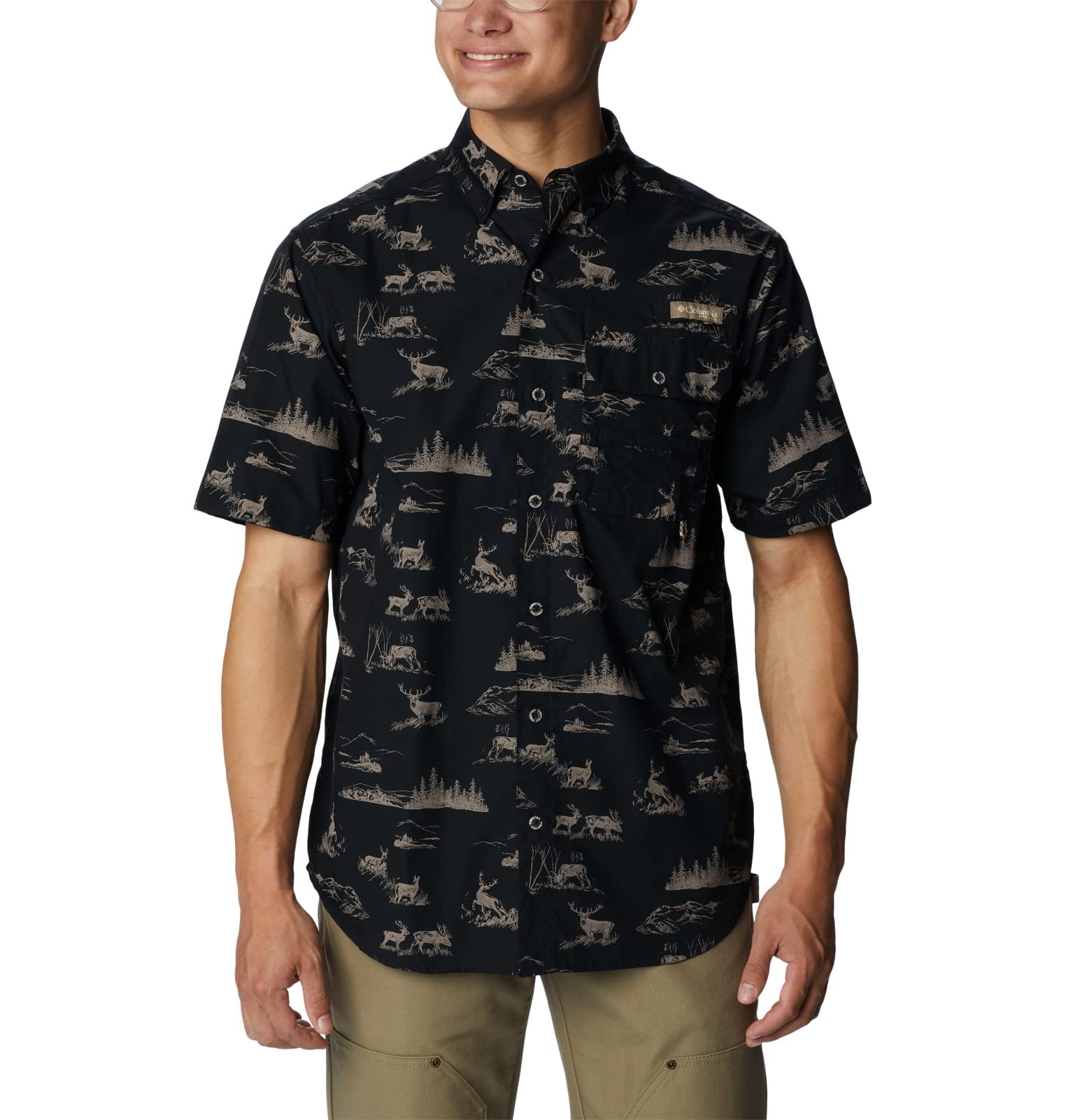 Columbia Men's Super Sharptail Short Sleeve Shirt, Black High Country Print, X-Large