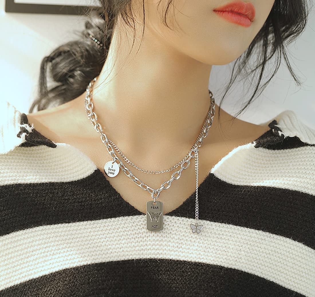 CooJew Stainless Steel Layered Necklace Smiling Face Pendant,19" Adjustable Multilayer Choker Punk Long Chain for Women Men