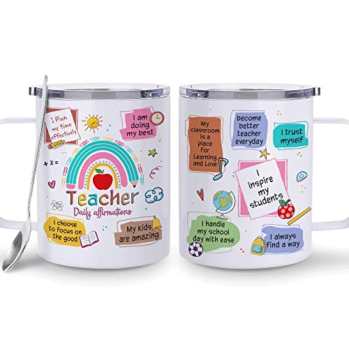 Hyturtle Teacher Appreciation Gifts for Women 12oz Stainless Steel Insulated Coffee Mug with Handle Sliding Lid And Spoon, Double Wall Vacuum Travel Mug Tumbler Cup
