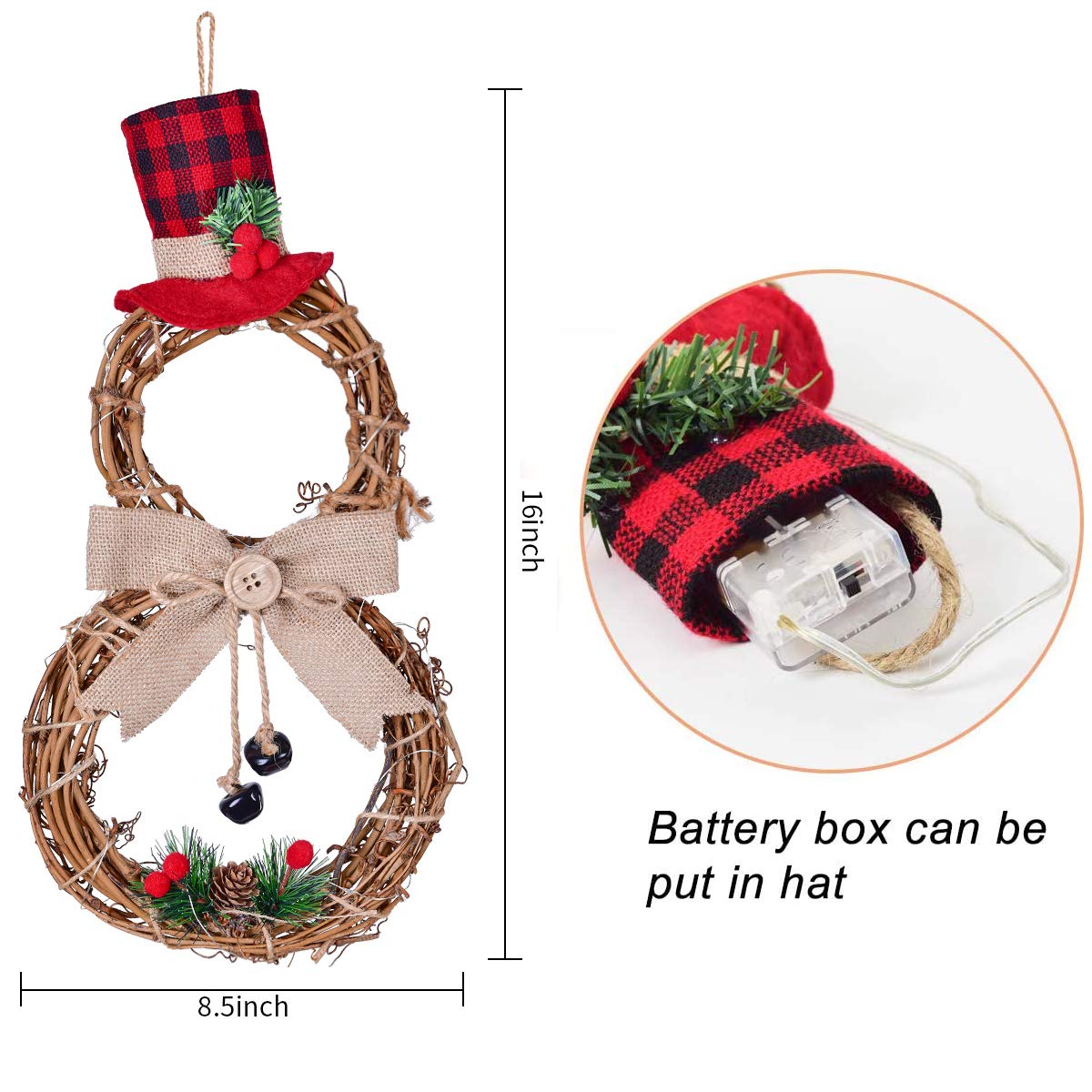 DearHouse 16 x 8 Inch Lighted Christmas Wreath Decoration, Grapevine Wreath with Hat and Bow Snowman Shape Wreath for Front Door Home Garden Wall Decor