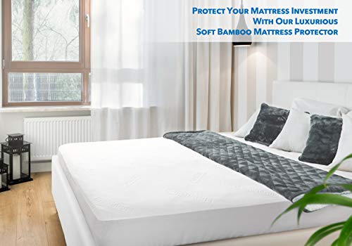 PlushDeluxe Premium Bamboo Mattress Protector β Queen Size, Waterproof, & Ultra Soft Breathable Noiseless Washable Bed Mattress Cover for Comfort & Protection - White