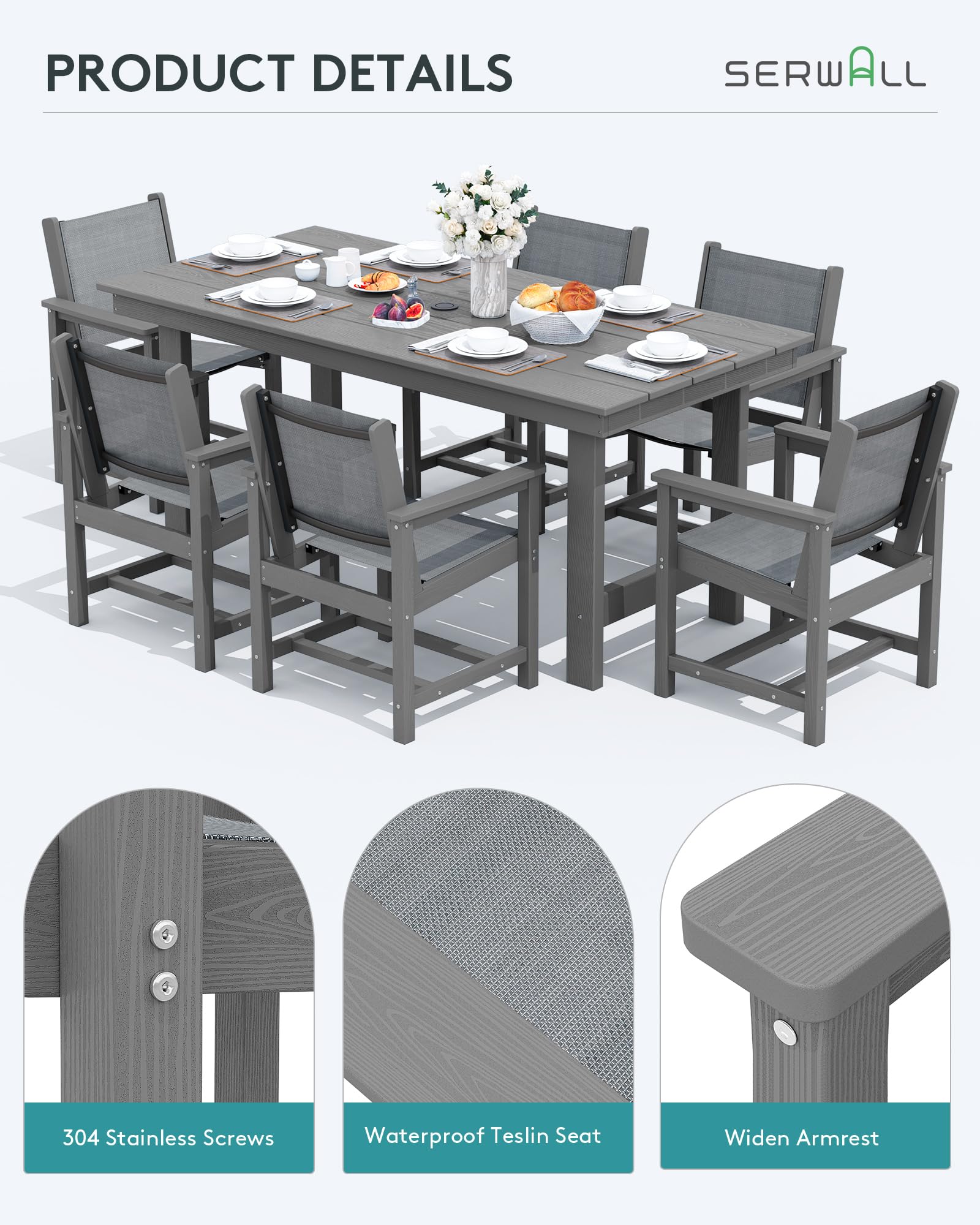 SERWALL 7 Piece Outdoor Dining Table Sets for 6 with 1 Umbrella Hole Cut-Out Rectangular Table and 6 Textilene Chairs, HDPE Dining Table Sets for Garden, Backyard, Poolside, Gray