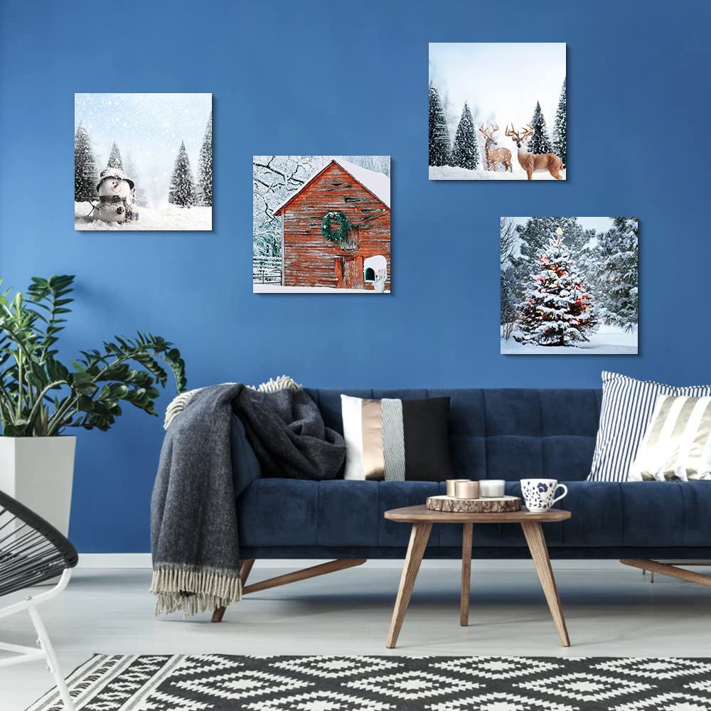 Christmas Canvas Wall Art Snowy Scenery Red Cottage Cute Snowman Canvas Prints for Living Room Kitchen Bathroom Home 12x12 Inches