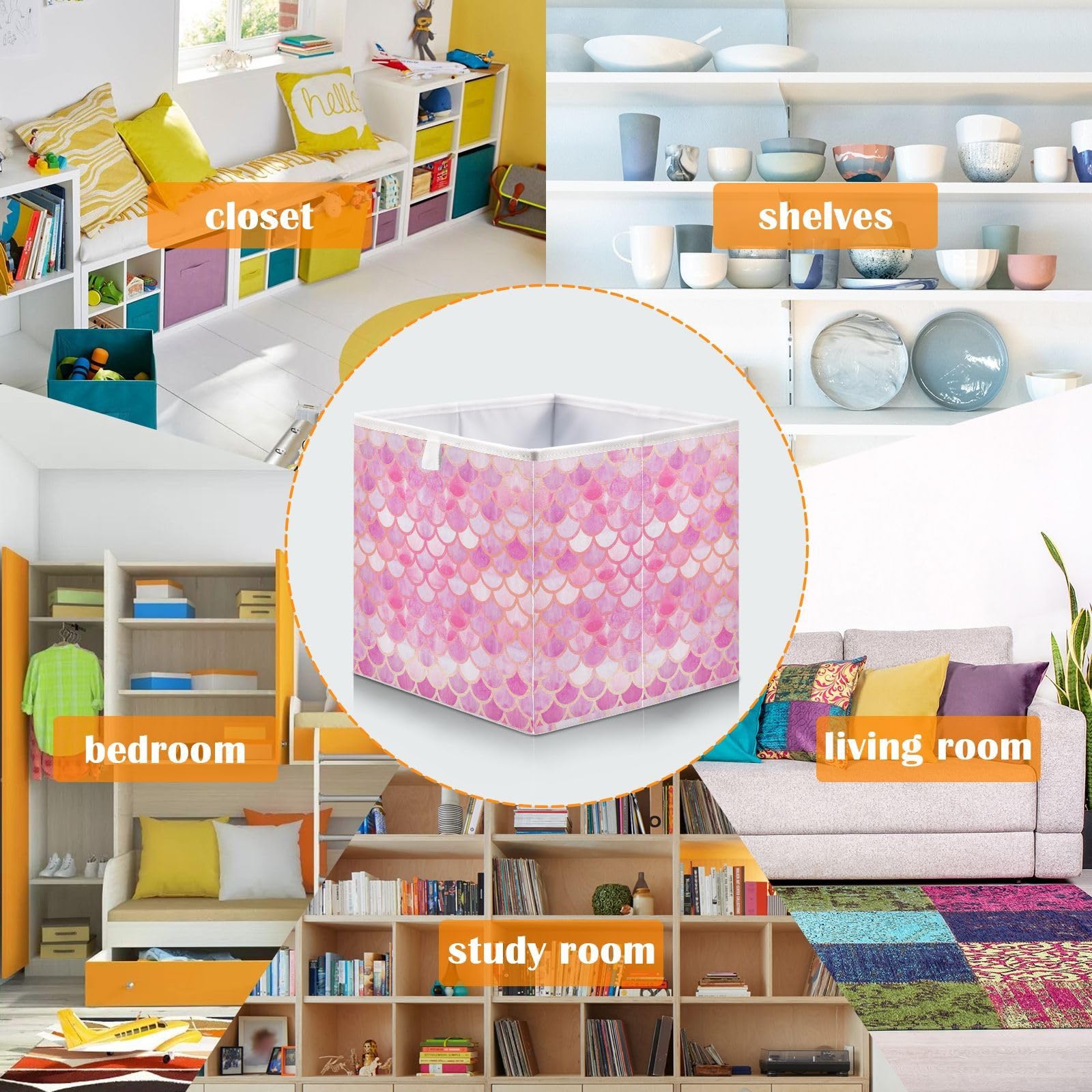 Emelivor Pink Mermaid Cube Storage Bin Fabric Storage Cubes Foldable Organizer Bins Storage Baskets for Shelves Storage Box for Shelves Home Office Clothes Clothing,11 x 11inch