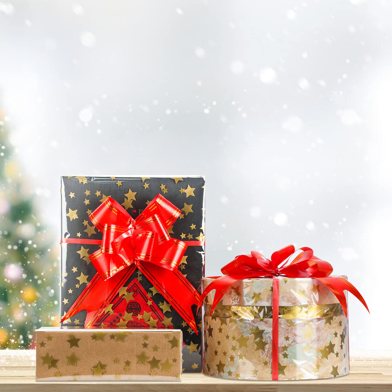 Christmas Cellophane Wrap Roll, Cellophane Wrap Gift Basket Wrap, Nistar Cellophane Wrap Roll (32 in x 100 ft) Gold for Gift Baskets with 8 Bows Extra Large Clear Wrapping Paper to Treats, Flower, DIY Craft for Holiday, Christmas