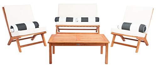 SAFAVIEH Outdoor Collection Chaston Natural and Beige 4-Piece Set with Black & White Pillows