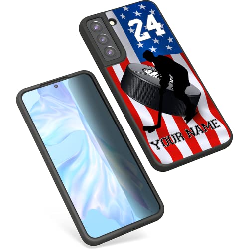 Personalized Ice Hockey Player Name Number America Flag Design Rubber Cover Phone Case for Samsung S23 S22 S21 S20 ULTRA/ S21 FE/S20 FE/S10 PLUS/S9 PLUS/S8 PLUS/S7 EDGE Custom Hockey Phone Case