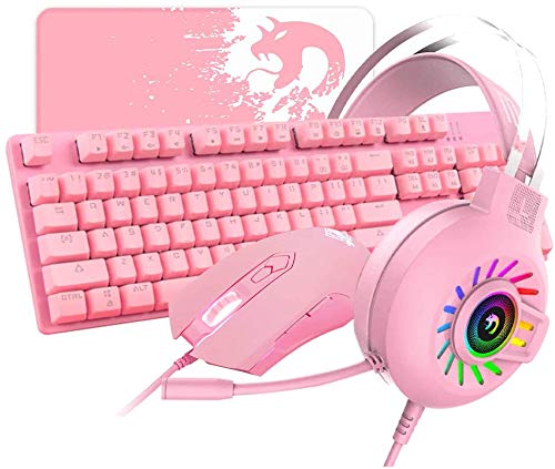 FELICON Pink Mechanical Keyboard Mouse and Handset Combo with Mouse Pad, Full Anti-ghosting Wired Gaming Keyboard, Lightweight Gamer Mouse, Professionals RGB Over Headphone for PC, Laptop,Mac