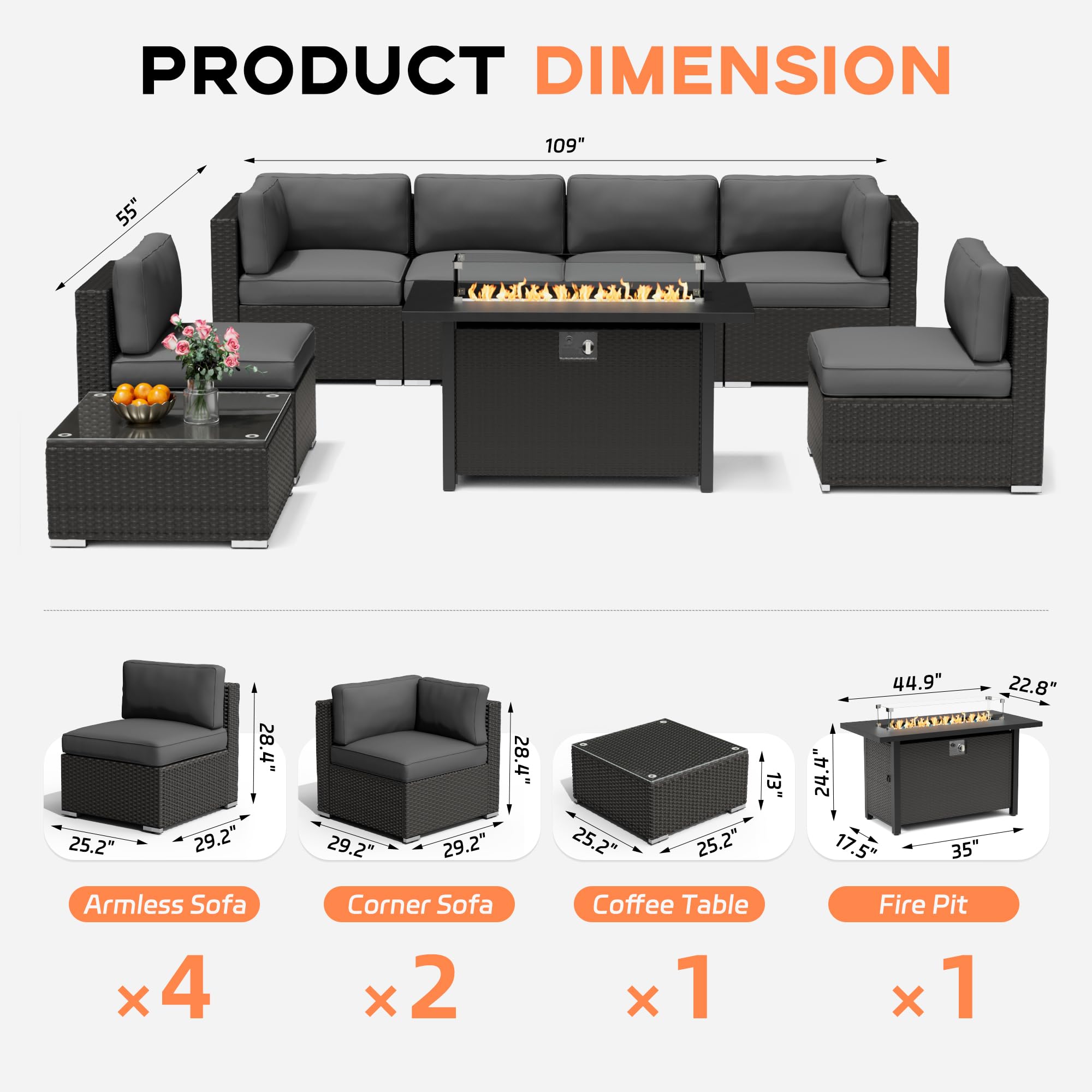 Oakcloud 8-Piece Outdoor Patio Furniture Sofa Set with 45β Propane Gas Fire Pit Table, Black Rattan Wicker Sectional Conversation Sets with Glass Top Table and Cushions(Grey, w/Fire Pit Table)