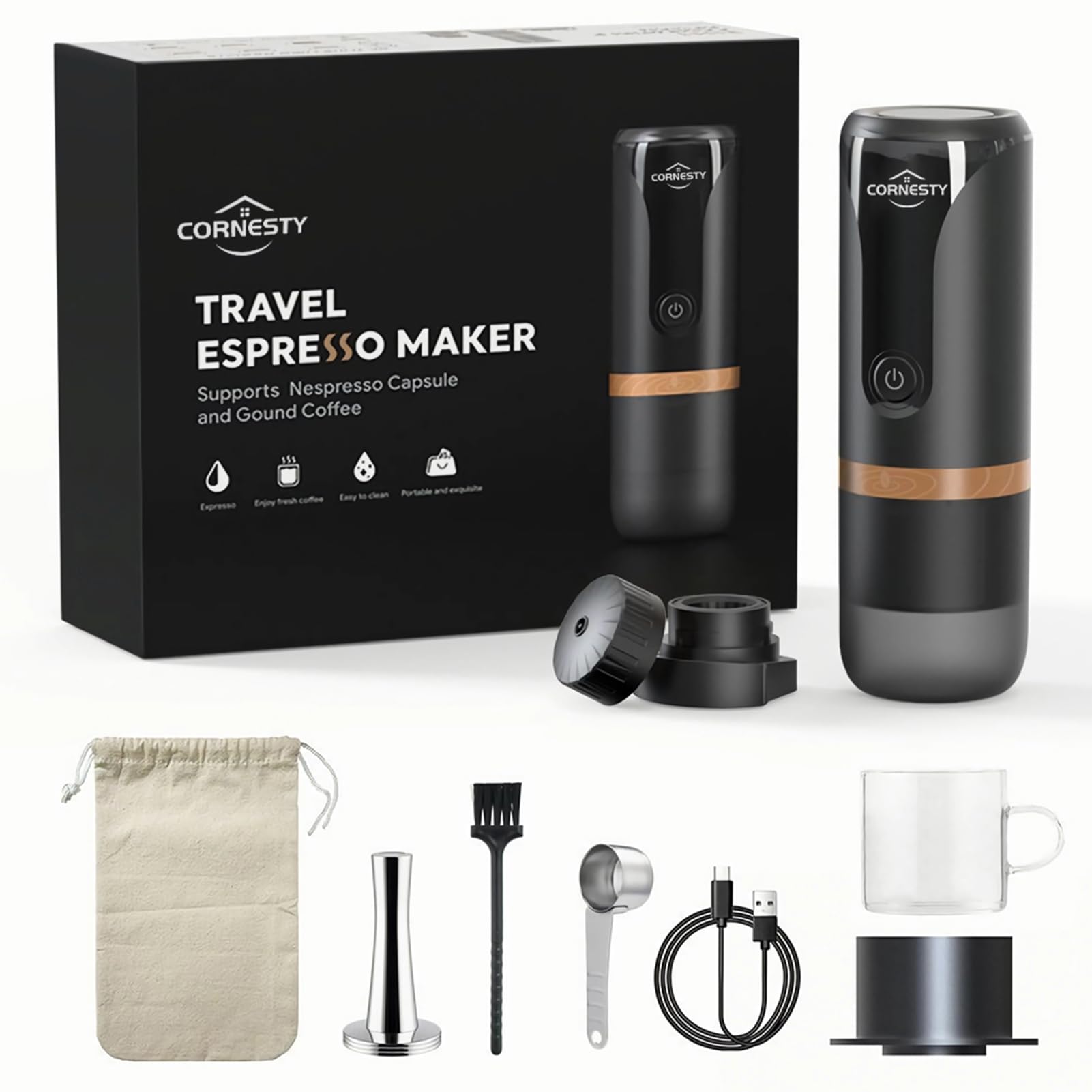 Cornesty Portable Coffee Maker, Rechargeable 2 in 1 Small Travel Espresso Machine, 9 Bar Pressure 12V Fast Brewing Coffee Machine Compatible with NS Pods & Ground Coffee for Camping Office Hiking RV