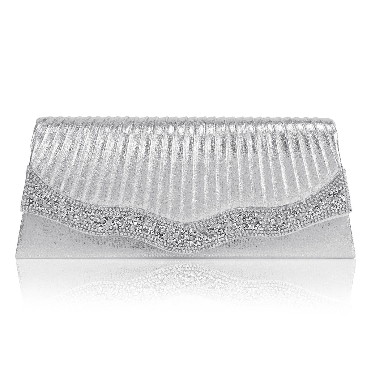 Damara Womens Wavy Shining Rhinestones Pleated Evening Bag,Silver