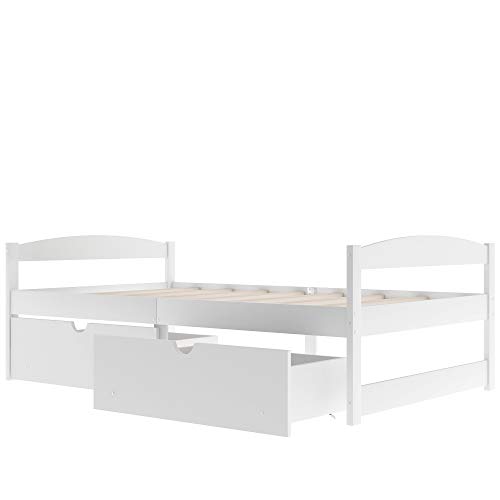 POCIYIHOME Wooden Daybed with Two Drawers, Twin Size Platform Bed with Clean Lines, Modern Daybed with Slats Support, Suitable for Bedroom,Living Room and Office, No Box Spring Needed, White