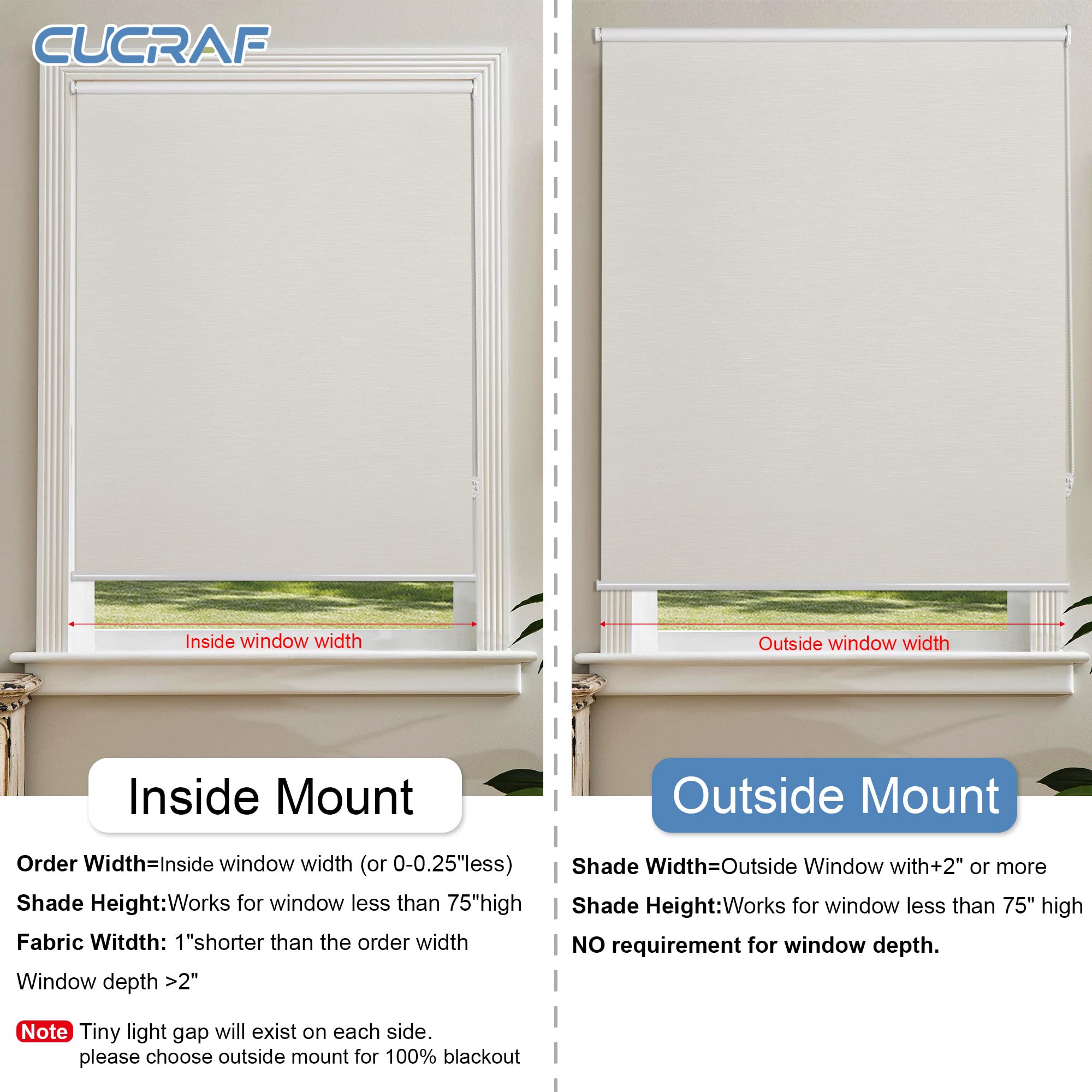 CUCRAF 100% Blackout Roller Window Shades, Striped Jacquard Pattern Room Darkening Roller Blinds for Bedroom Office and Home, Easy to Install, Light Beige,23" W x 75" H