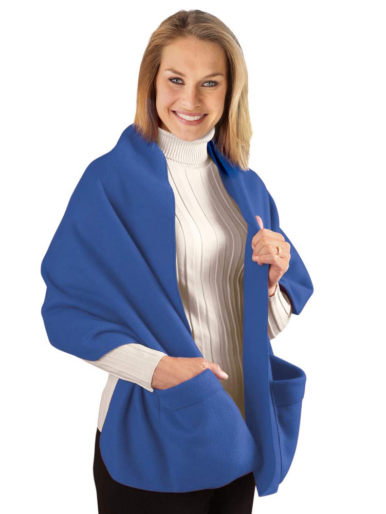 Collections Etc Cozy Fleece Wrap Shawl With Large Front Pockets - Keeps Hands and Shoulders Warm During Cold Winter Season, Royal Blue