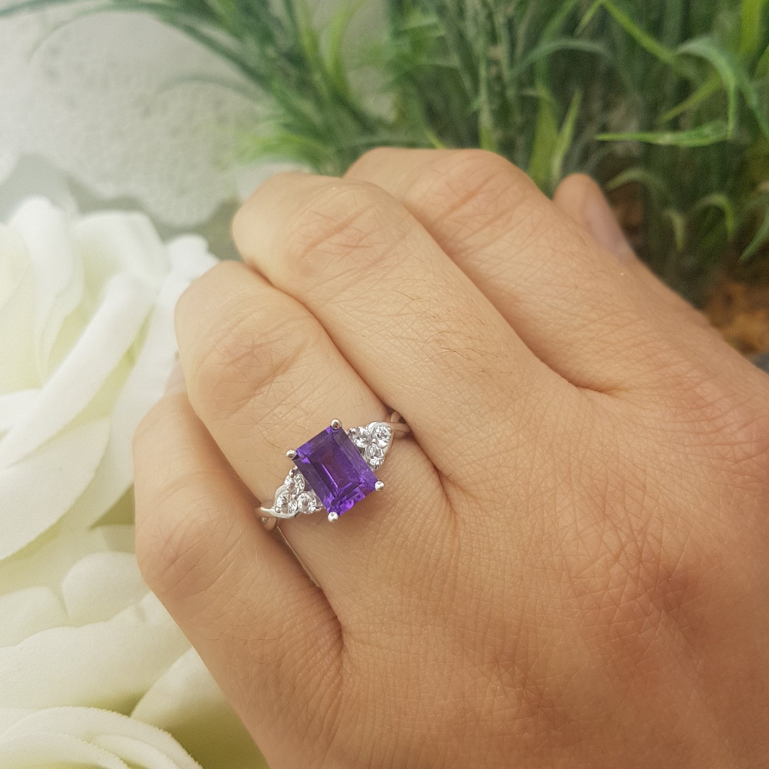 Dazzlingrock Collection 8X6 MM Emerald Cut Amethyst & Round White Sapphire Halo Engagement Ring for Her in 18K White Gold, Size 7.5