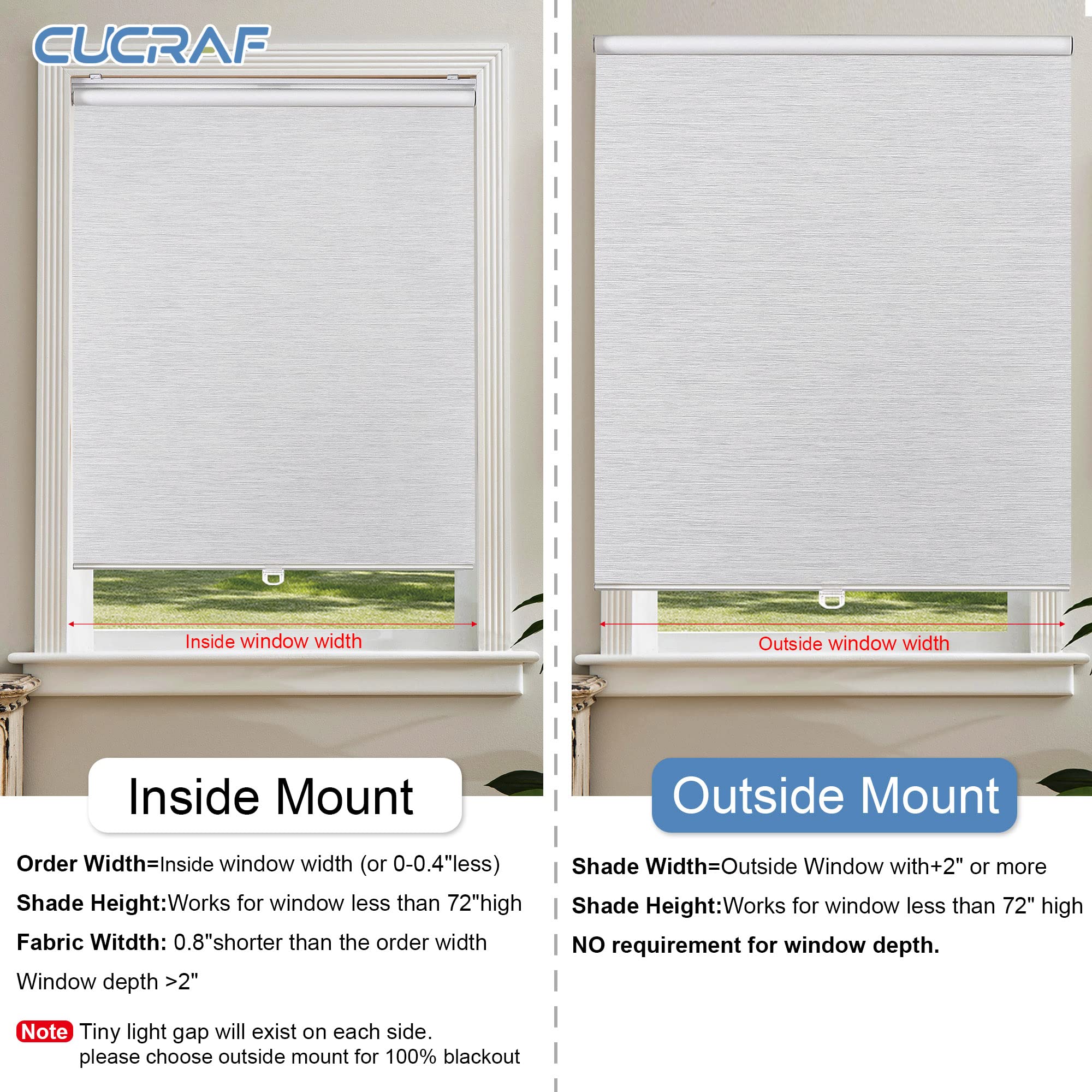 CUCRAF Roller Blinds for Windows Cordless,100% Blackout Blinds Window Shades for Bedroom,Thermal Insulated Window Blinds for Home,Light Blocking,Easy to Install,Light Grey, 35" W x 72" H