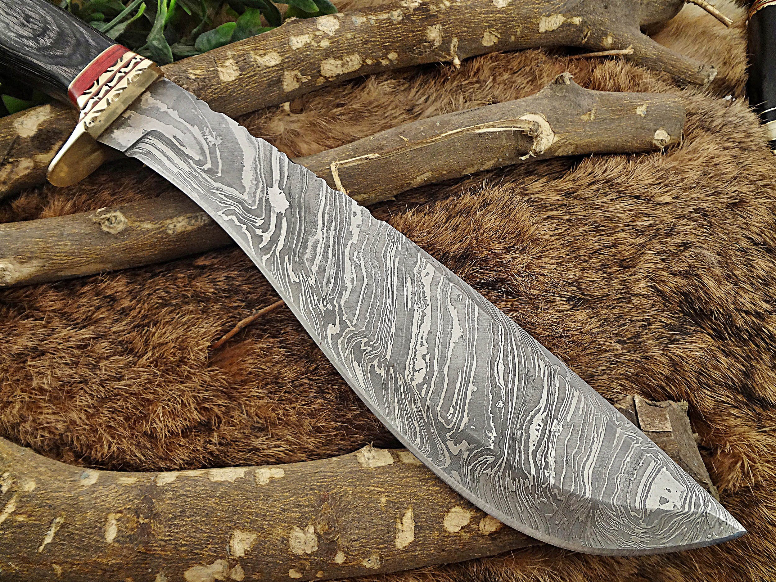 Damascus Steel Hunting Bowie Knife 14.5 Inches Custom Made Hand Forged with 10" Blade, 2 Tone Green Wood with Engraved Brass Scale, Thick Cow Hide Leather Sheath with Belt Loop (Black)