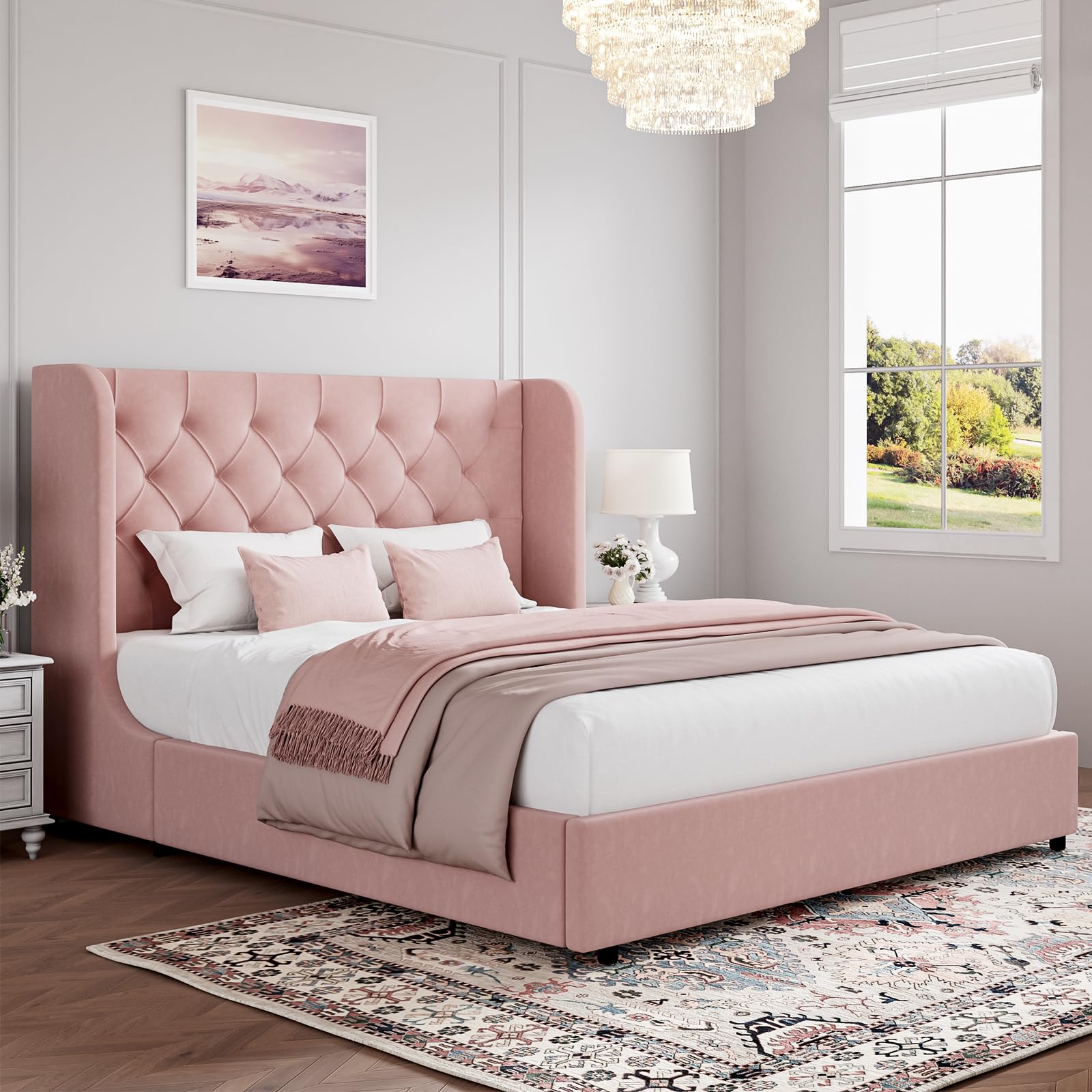 HOMBCK Queen Bed Frame, Pink Velvet Upholstered Bed Frame with Headboard and Wide Wingback, Soft Bed Frame Queen, No Box Spring Required, Noise Free, Easy Assembly, Pink