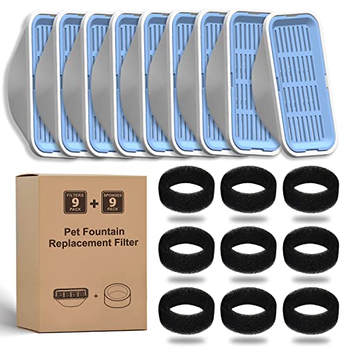 PEKTACO Cat Water Fountain Filters Replacement & Pre-Filter Sponges for 3.2L/108oz Automatic Pet Fountain, Dog Water Dispenser 9 Pack Filters & 9 Pre-Filter Sponges Foam Filters
