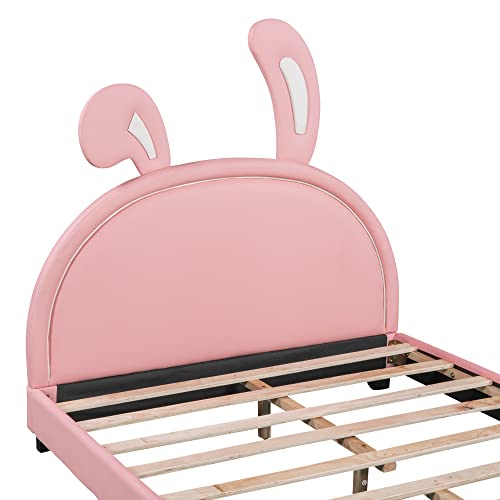 Merax Full Size Upholstered Leather Platform Bed with Bunny Ears Headboard, Platform Bed Frame with Rabbit Ornament for Kids, Child's Bedroom, No Box Spring Needed, Pink