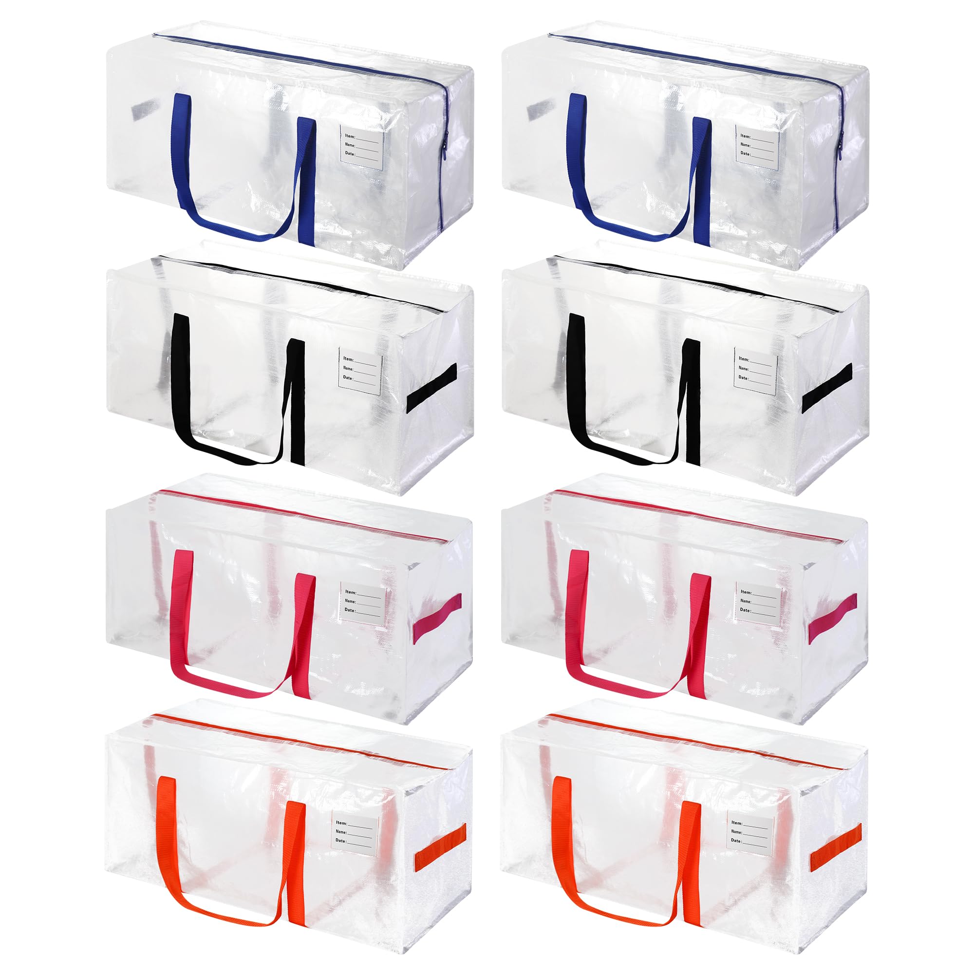 JCBZAMZ Multicolor Clear Large Moving Bags 8 Pcs, Clothes Storage Bags for Moving Supplies, College Dorm- with Pink, Black, Blue, Orange Side Handles