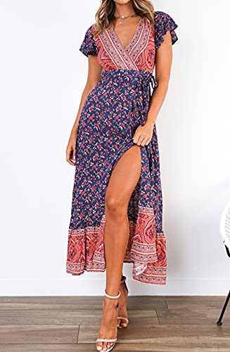R.Vivimos Women's Summer Short Sleeve Floral Print Bohemian Beach Waist Tie Wrap Long Flowy Dress with Slit (XL, Dark Blue#2)