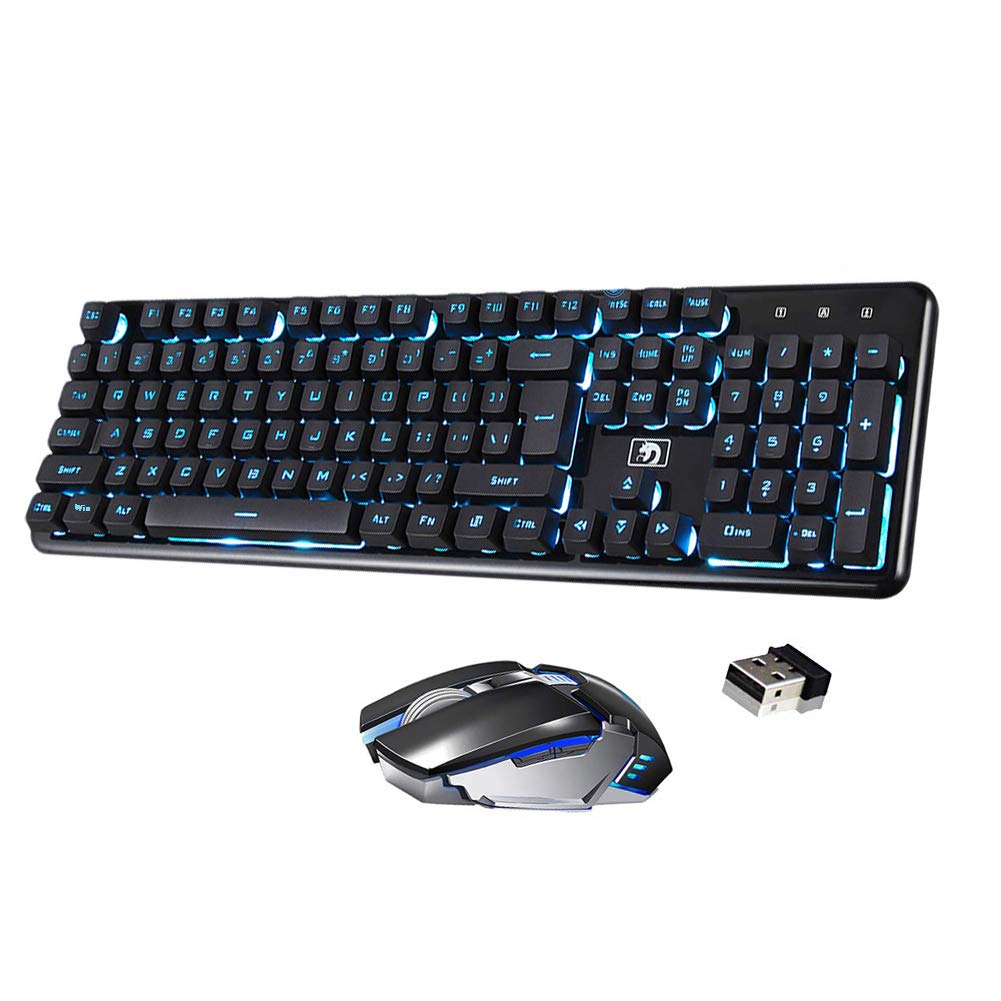 Soke-Six Wireless Rechargeable Backlit Keyboard and Mouse Combo, 2.4G Full-Size Mechanical Feel Gaming Keyboards with USB 2400DPl Mice,Adjustable Breathing Lamp,Anti-Ghosting (Black& Blue Light)