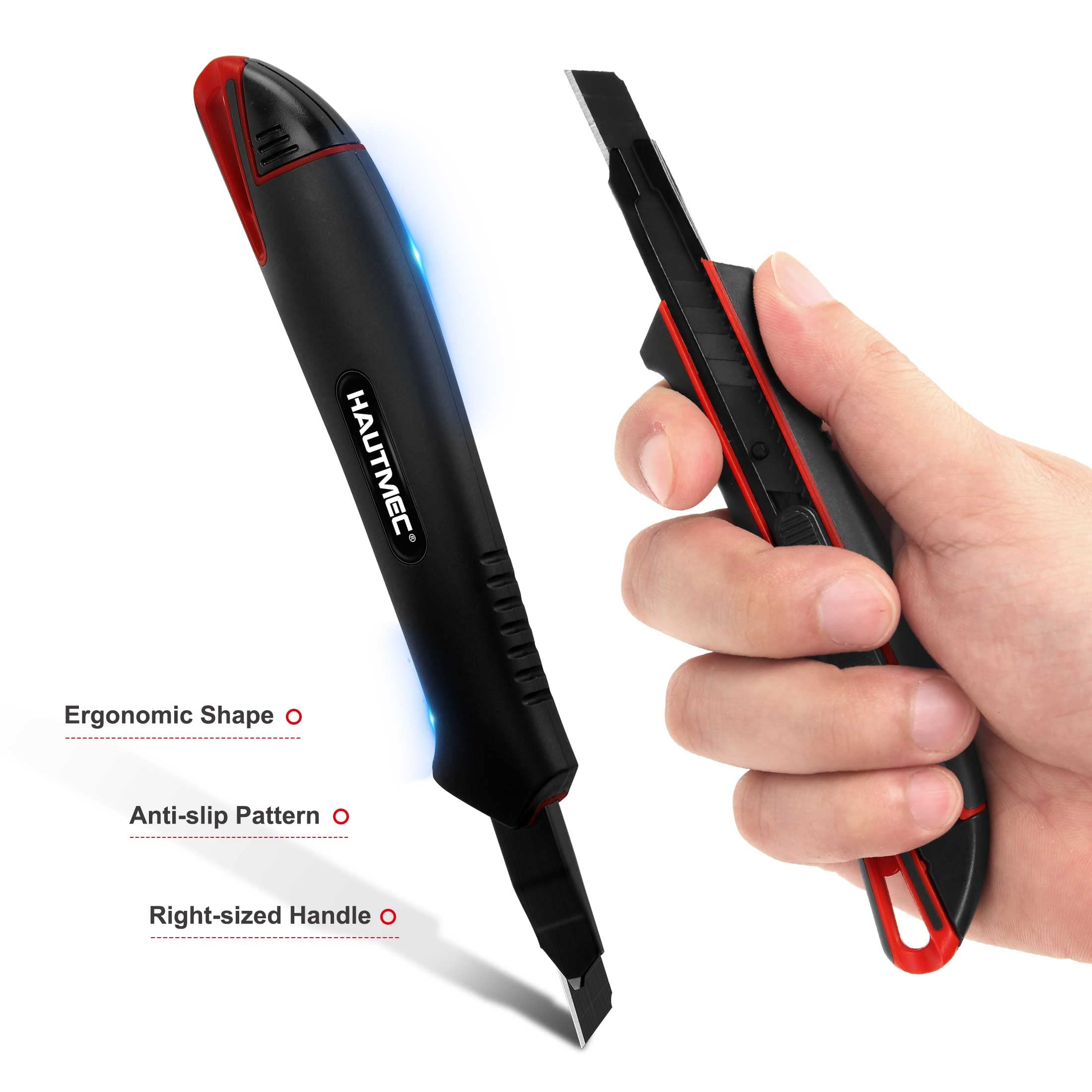 HAUTMEC 9mm Precision Utility Knife, Soft Grip Snap-off Box Cutter, Retractable 9mm Multi-Purpose Cutter for Detailed Cutting in Work, Home Use and Arts Crafts HT0255-KN
