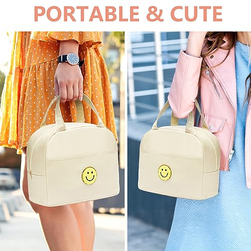 POETIC WREATH Lunch Bag for Women Large Insulated Box Reusable Tote with Preppy Bag,Soft Leather Lunchbag Work School Picnic Travel (White)