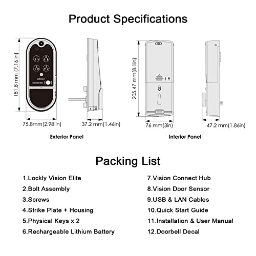 Lockly Vision Elite - WiFi Video Smart Lock with Night Vision Camera, Motion Sensor, Biometric Fingerprint, Voice Control, App Remote Control, Doorbell, Solar Panel, Digital Keypad, Matte Black