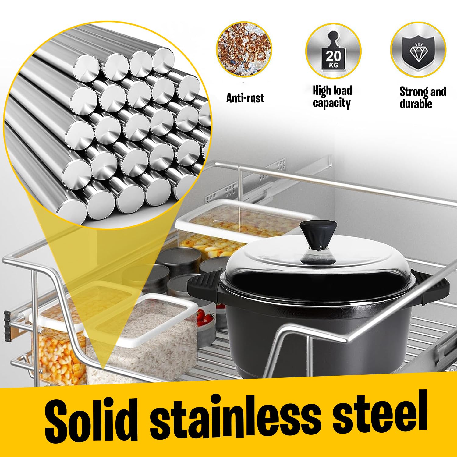 Deep Pull Out Cabinet Organizer 19.4" Wide x 17" Deep - Premium Kitchen Cabinet Pull Out Shelves for Cabinets | Bottom Slide Out Pantry Shelves and Cabinet Drawers | Easy Installation